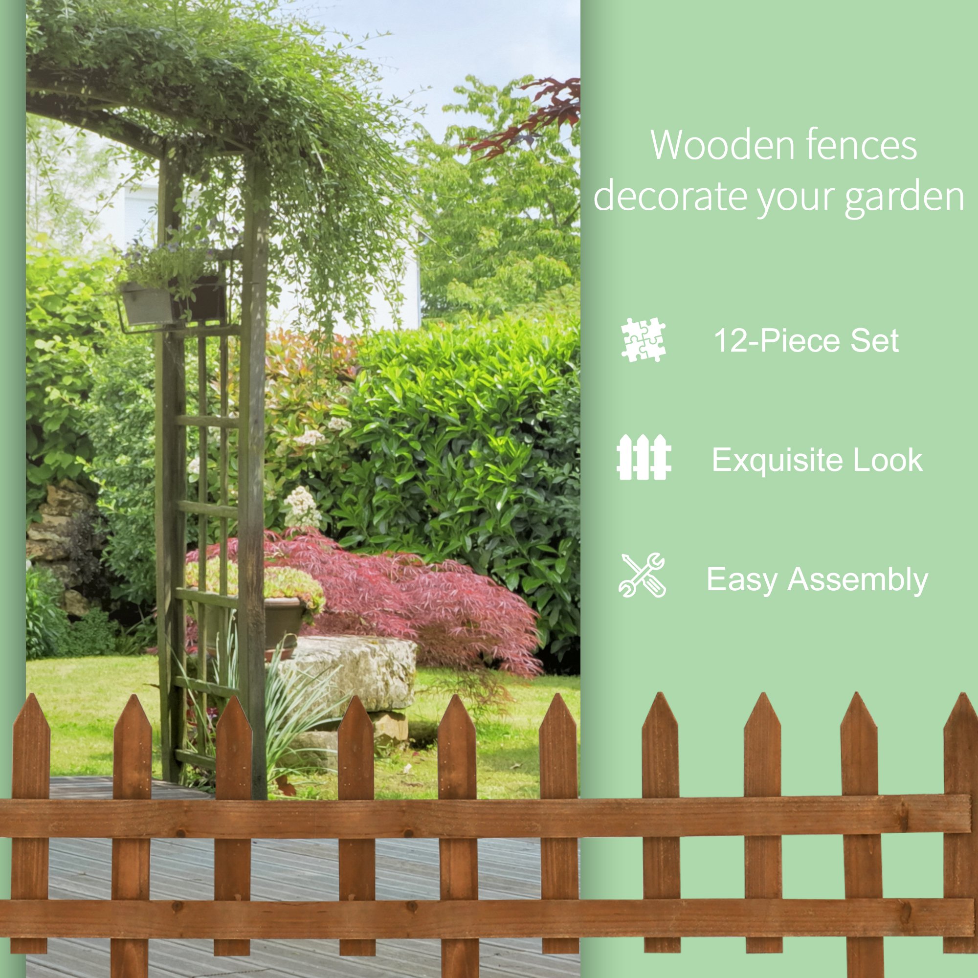 12 Pack Wooden Border Fences, Garden Fixed Picket Fence - Groweasy Garden